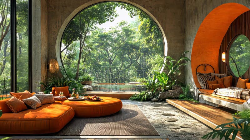 Elegant Modern Lounge with Circular Windows and Orange Decor Blending ...
