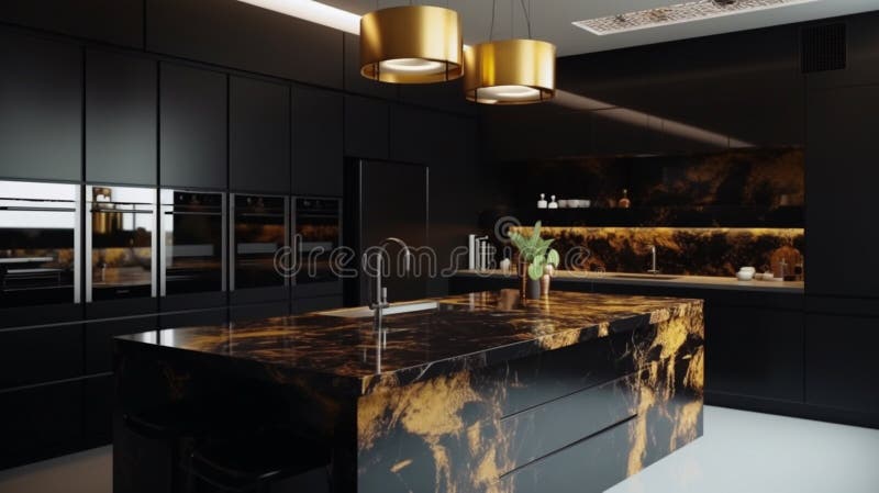 Elegant Modern Luxury Black Kitchen with Abstract Gold Pattern Stock ...