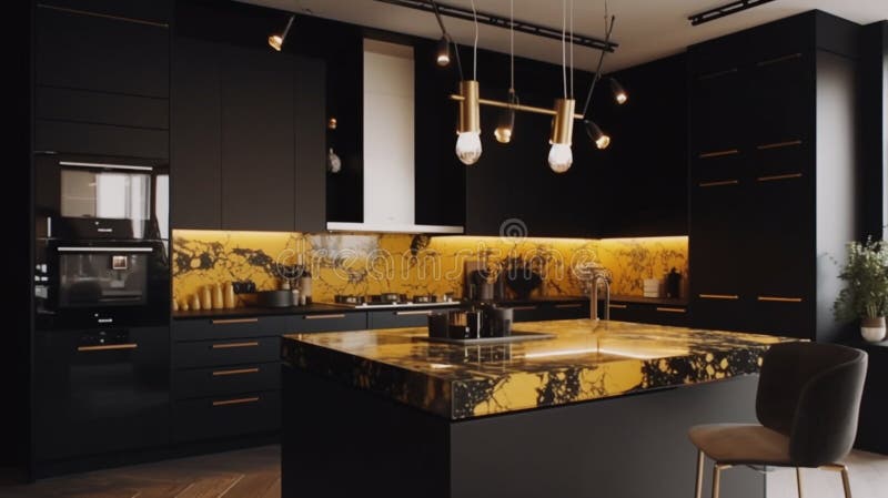 Elegant Modern Luxury Black Kitchen with Abstract Gold Pattern Stock ...