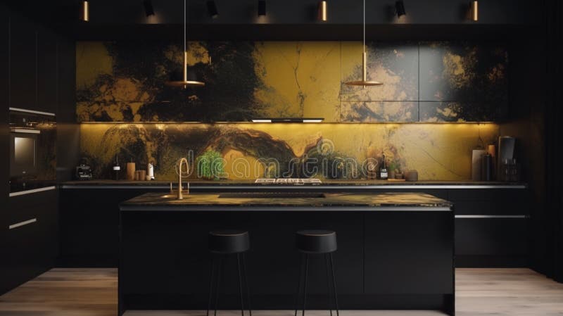 Elegant Modern Luxury Black Kitchen with Abstract Gold Pattern Stock ...