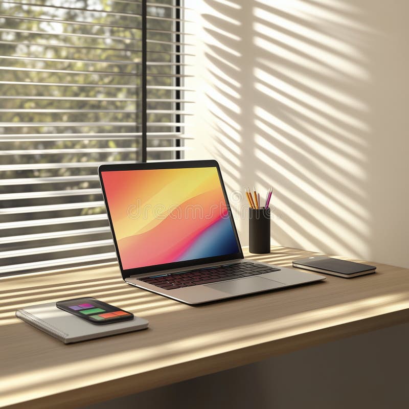 Elegant Modern Nordic Home Office with Modern Pot Tree and Coffee Table ...