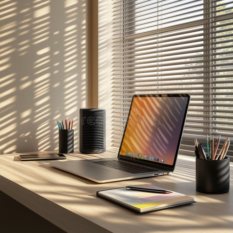 Elegant Modern Nordic Home Office with Modern Pot Tree and Coffee Table ...