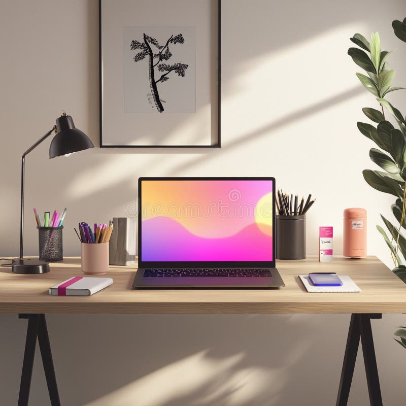 Elegant Modern Nordic Home Office with Modern Pot Tree and Coffee Table ...