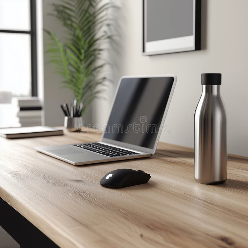 Elegant Modern Nordic Home Office with Modern Pot Tree and Coffee Table ...