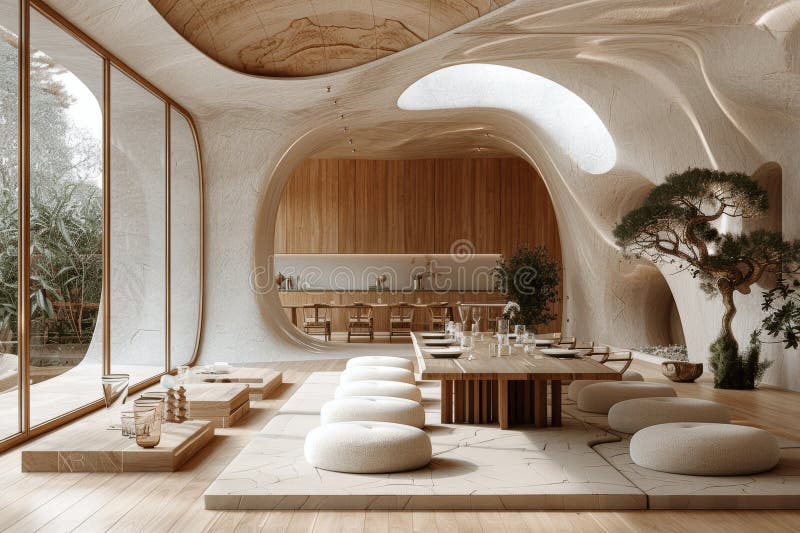 Elegant Modern Parametric Dining Room with Curved Wood Elements Stock ...
