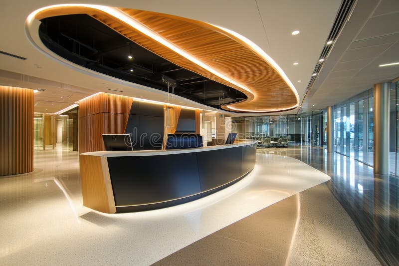 Elegant Modern Reception Area Featuring Curved Design and Warm Ambient ...