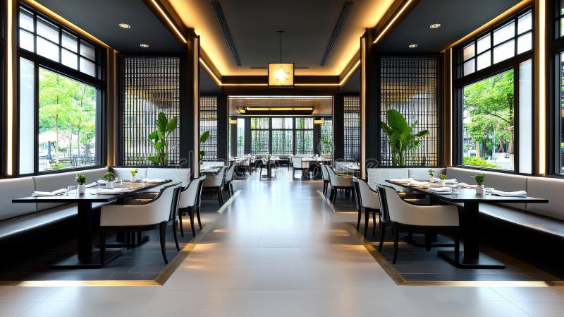 Elegant Modern Restaurant Interior Design with Stylish Seating, Large ...