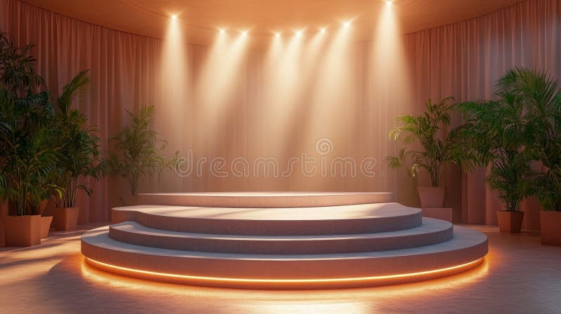 Elegant Modern Stage with Dramatic Lighting and Lush Greenery in a ...