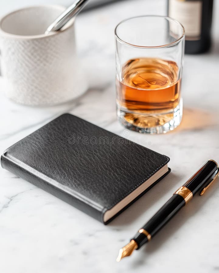 Elegant Modern Whisky Tasting Setup Notebook Pen Marble Surface Stock ...