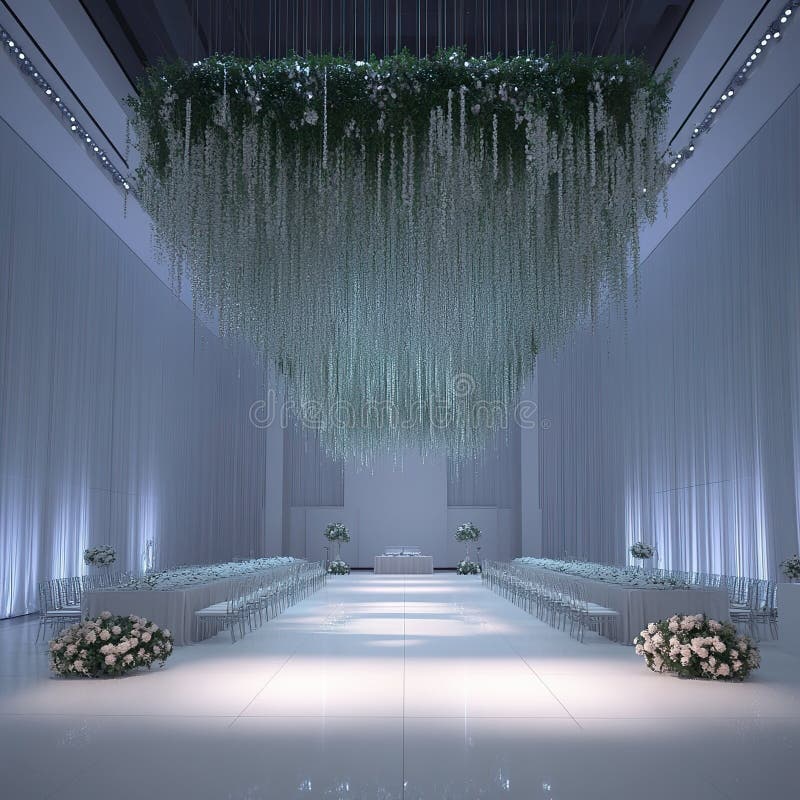 Elegant Modern White Wedding Hall with Hanging Floral Decor Stock Image ...