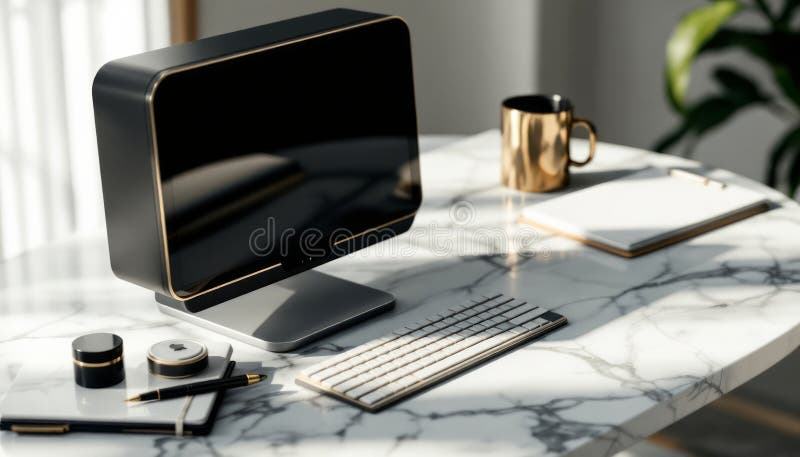 Elegant Modern Workspace Setup: Black and Gold Desktop Computer ...