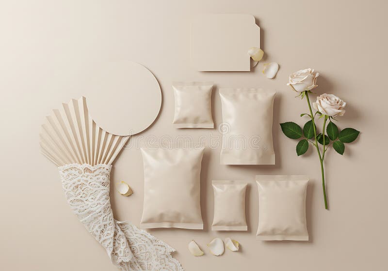 Elegant Monochromatic Composition Featuring Beauty Objects, Gift Bags ...