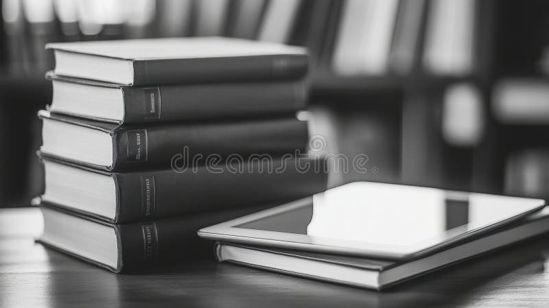 Elegant Monochrome Background Featuring Books and a Tablet Perfect for ...