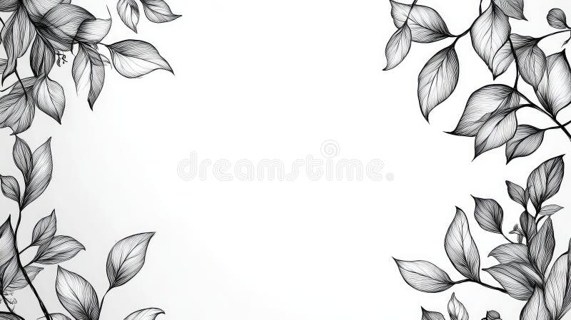 Elegant Monochrome Botanical Border Illustration with Leafy Branches ...