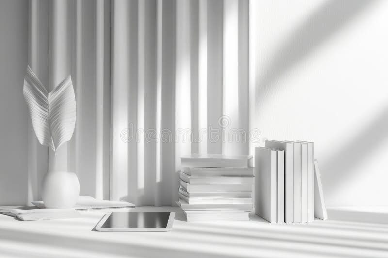 Elegant Monochrome Study Space Featuring Books and a Digital Tablet ...