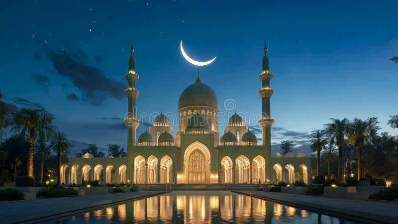 An Elegant Mosque, Surrounded by a Tranquil Pond Reflecting the ...