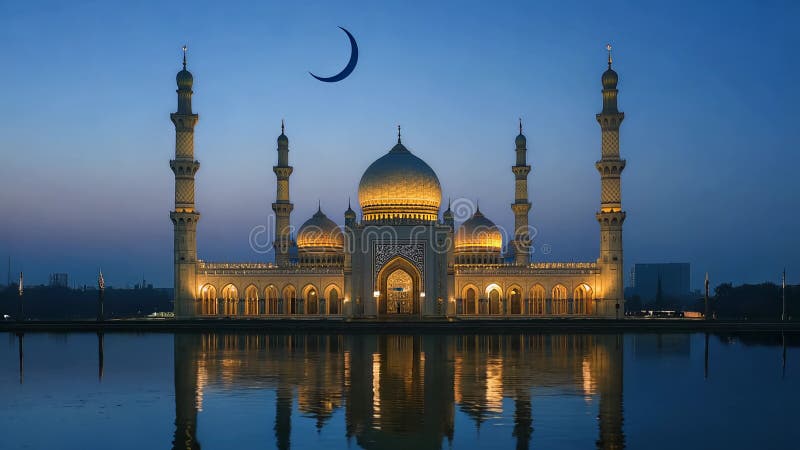 An Elegant Mosque, Surrounded by a Tranquil Pond Reflecting the ...