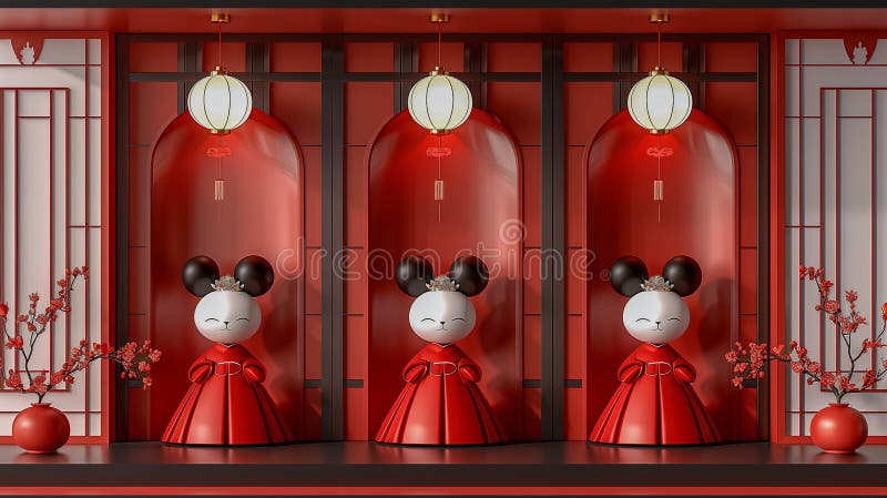 Elegant Mouse Figurines in Traditional Red Display Stock Illustration ...