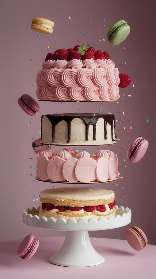 Elegant Multi-Layered Cake with Macaron Tower and Sprinkles in Pastels ...