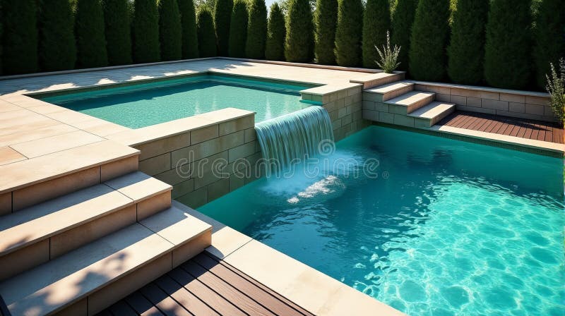 Luxurious Multi-Level Pool with Cascading Waterfall and Sparkling ...