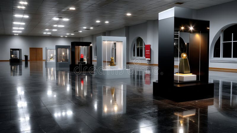 Elegant Museum Space with Individually Lit Abstract Sculptures, Dark ...