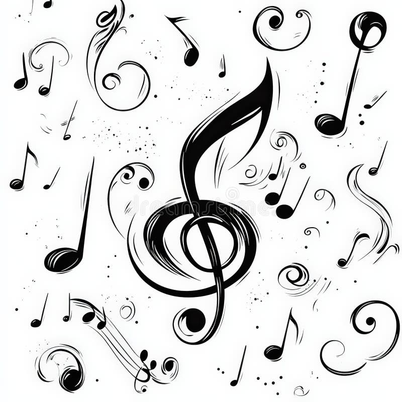 Elegant Musical Notes and Swirls Design in Black and White Style Stock ...