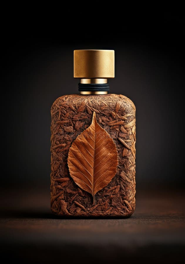 Elegant Natural Perfume Bottle with Leaf Design and Textured Earthy ...