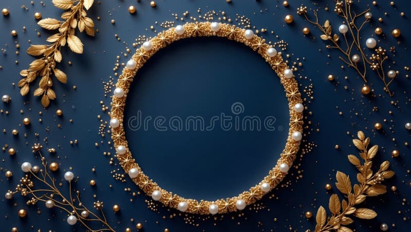 Elegant Navy Blue Background with Gold Leaf Borders and Pearls in ...