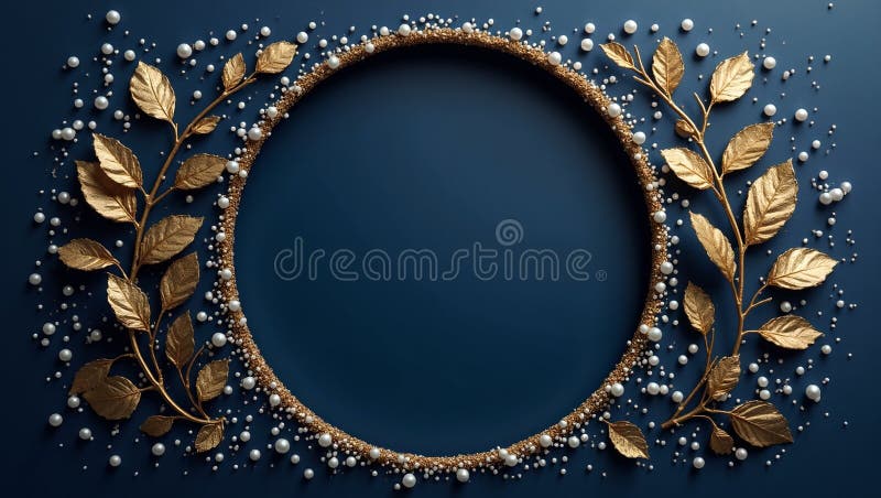 Elegant Navy Blue Background with Gold Leaf Borders and Pearls in ...