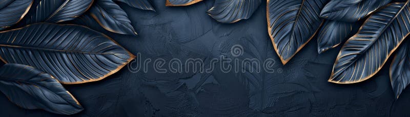 Elegant Navy Blue Background with Golden-edged Leaf Patterns, Perfect ...