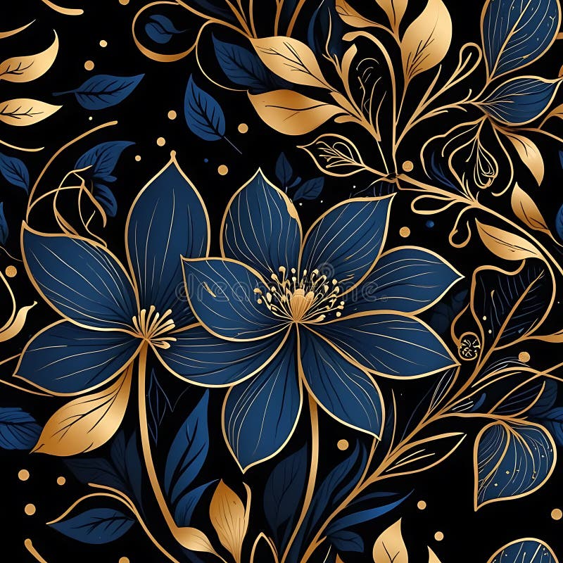 Elegant Navy Blue and Gold Floral Pattern Design for Textile Print ...
