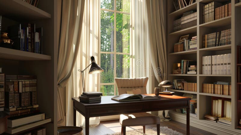 Elegant Neoclassical Study Room with Ample Sunlight and Lush Green ...