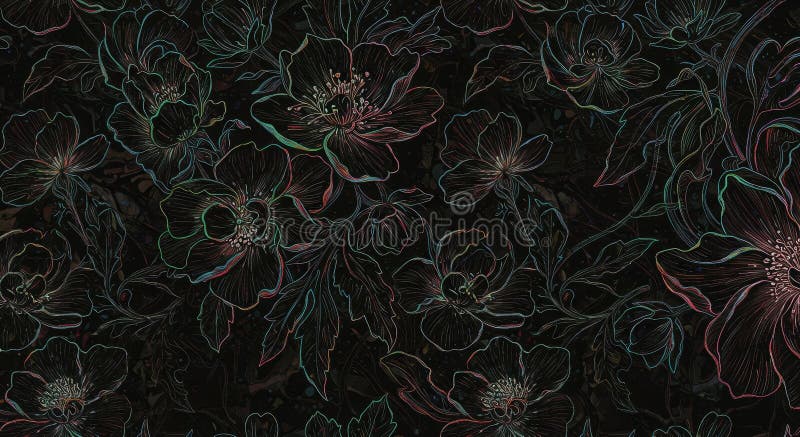 Elegant Neon Floral Pattern on Dark Background with Intricate Line Art ...