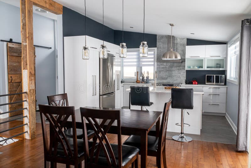 Elegant New Modern Home Dining Room and Kitchen Stock Image - Image of ...