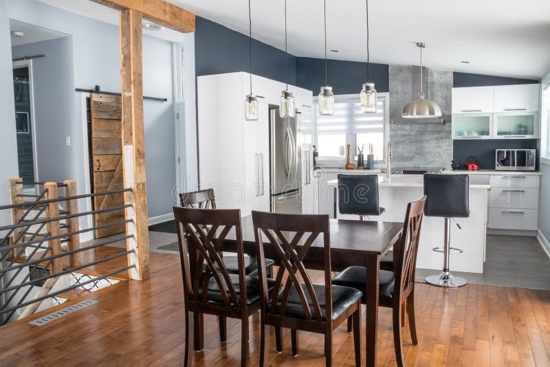 Elegant New Modern Home Dining Room and Kitchen Stock Image - Image of ...