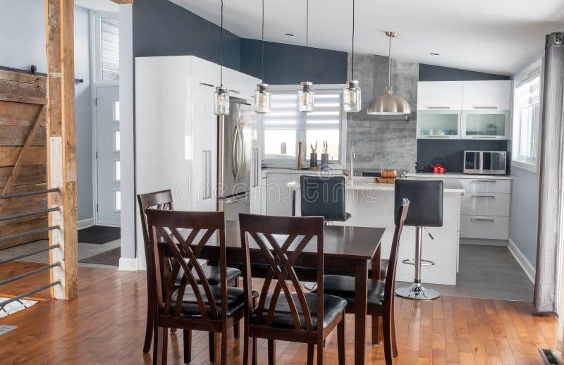 Elegant New Modern Home Dining Room and Kitchen Stock Photo - Image of ...