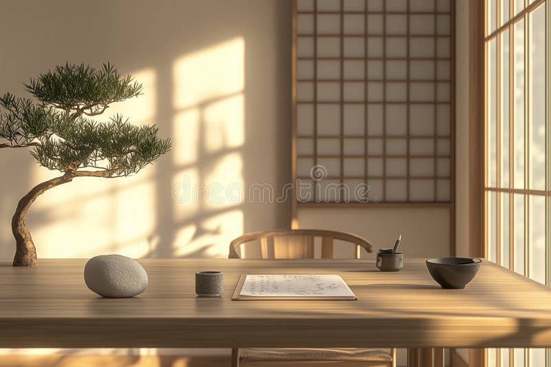 Elegant Nordic and Japanese Home Office with Modern Pot Tree and Coffee ...