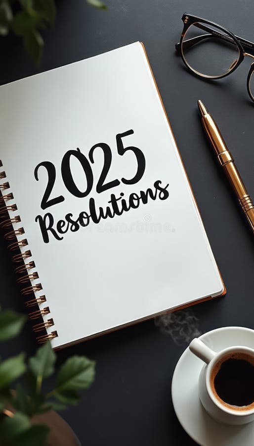 Elegant Notebook with 2025 Resolutions Text beside Coffee and Glasses ...