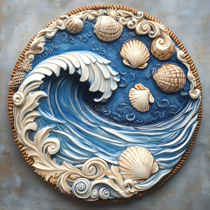 Elegant Ocean Wave Wall Art with Intricate Seashell Relief Sculpture ...