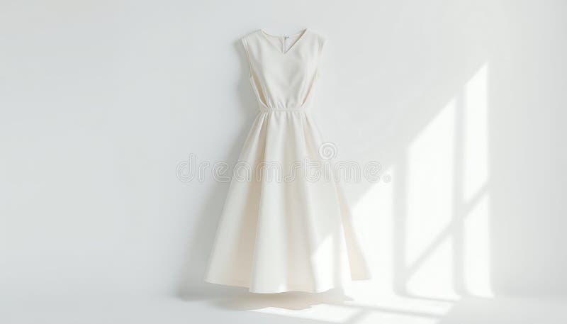 Elegant Off-White Midi Dress on White Background, Sunlight Shadow Stock ...