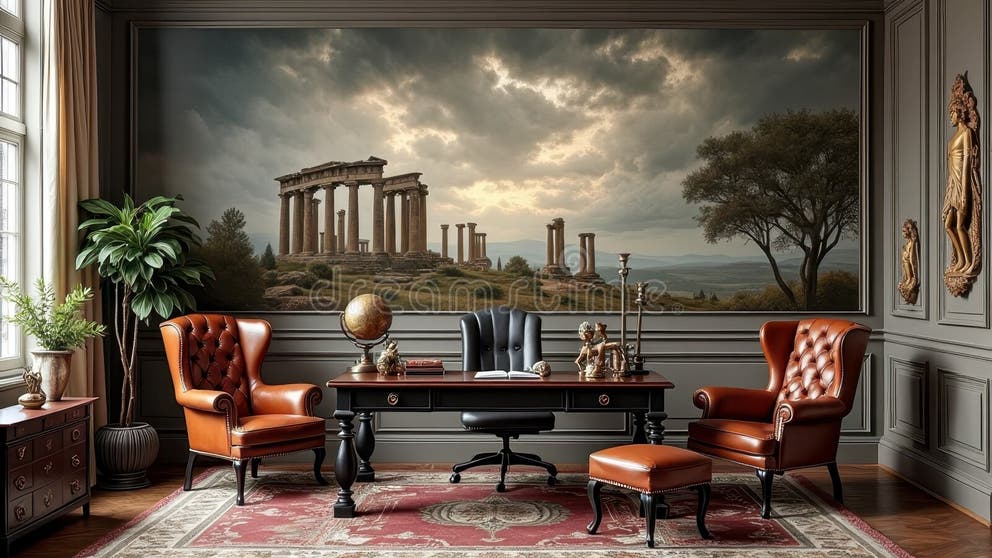Elegant Office with Classical Decor and Ancient Ruins Mural Stock Image ...