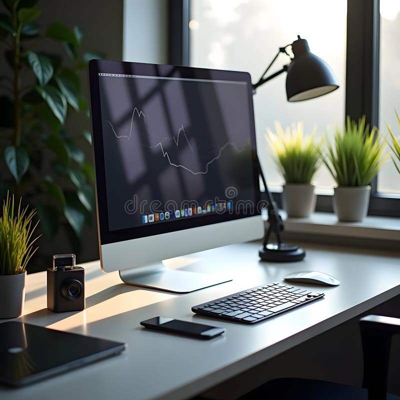 Elegant Office Desk Setup with Cutting-Edge Tech Gadgets in Soft Light ...