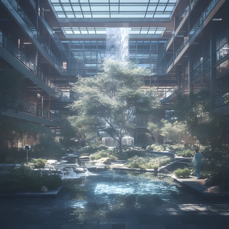 Elegant Office Oasis with Waterfall and Gardens Stock Illustration ...