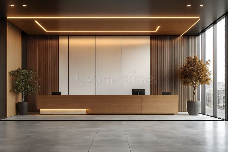 Modern Office Reception with Wood Accents and Large Windows Generative ...