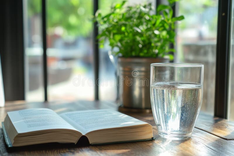 An Elegant Office Setup Featuring a Book and a Glass of Water on a ...