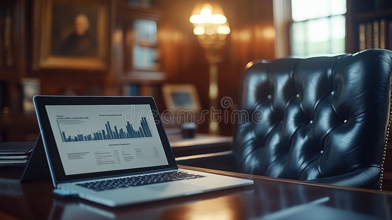 Elegant Office Workspace with Laptop Displaying Financial Data Stock ...