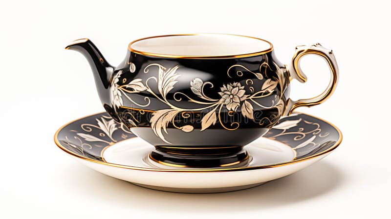 An Elegant Old Fashioned Coffee Cup Black and Shiny on Saucer Stock ...