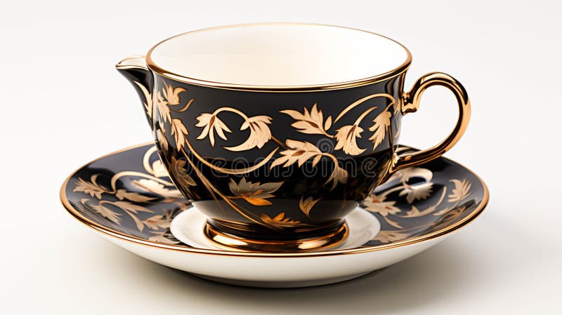 An Elegant Old Fashioned Coffee Cup Black and Shiny on Saucer Stock ...