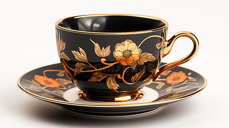 An Elegant Old Fashioned Coffee Cup Black and Shiny on Saucer Stock ...