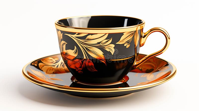 An Elegant Old Fashioned Coffee Cup Black and Shiny on Saucer Stock ...